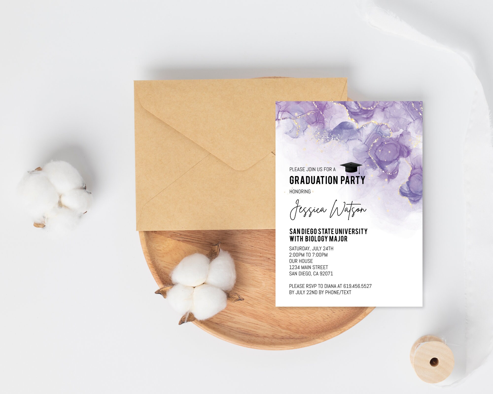 Purple Graduation Party Invitation Template, Luxury Purple and Gold ...