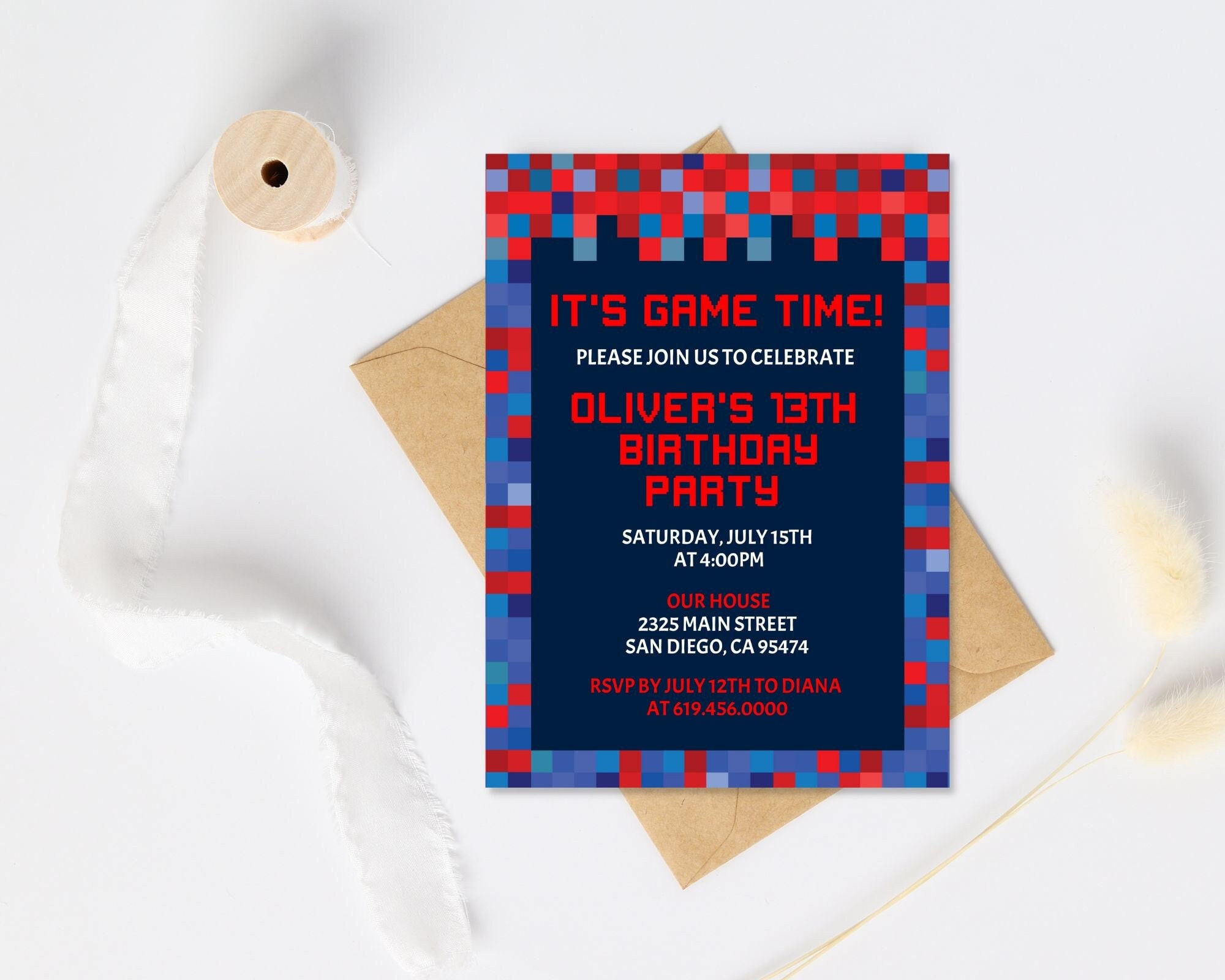 Red & Blue Pixelated Invitation Template, Video Game Birthday ...