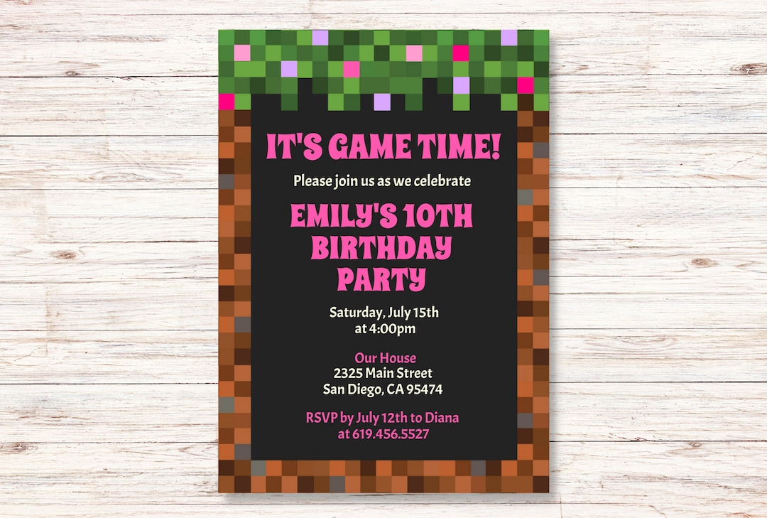 Pink Pixelated Invitation for Girls, Pink Minecraft Invitations for ...