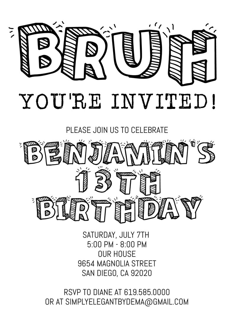 Bruh, You're Invited Invitation, Black & White Birthday Party ...