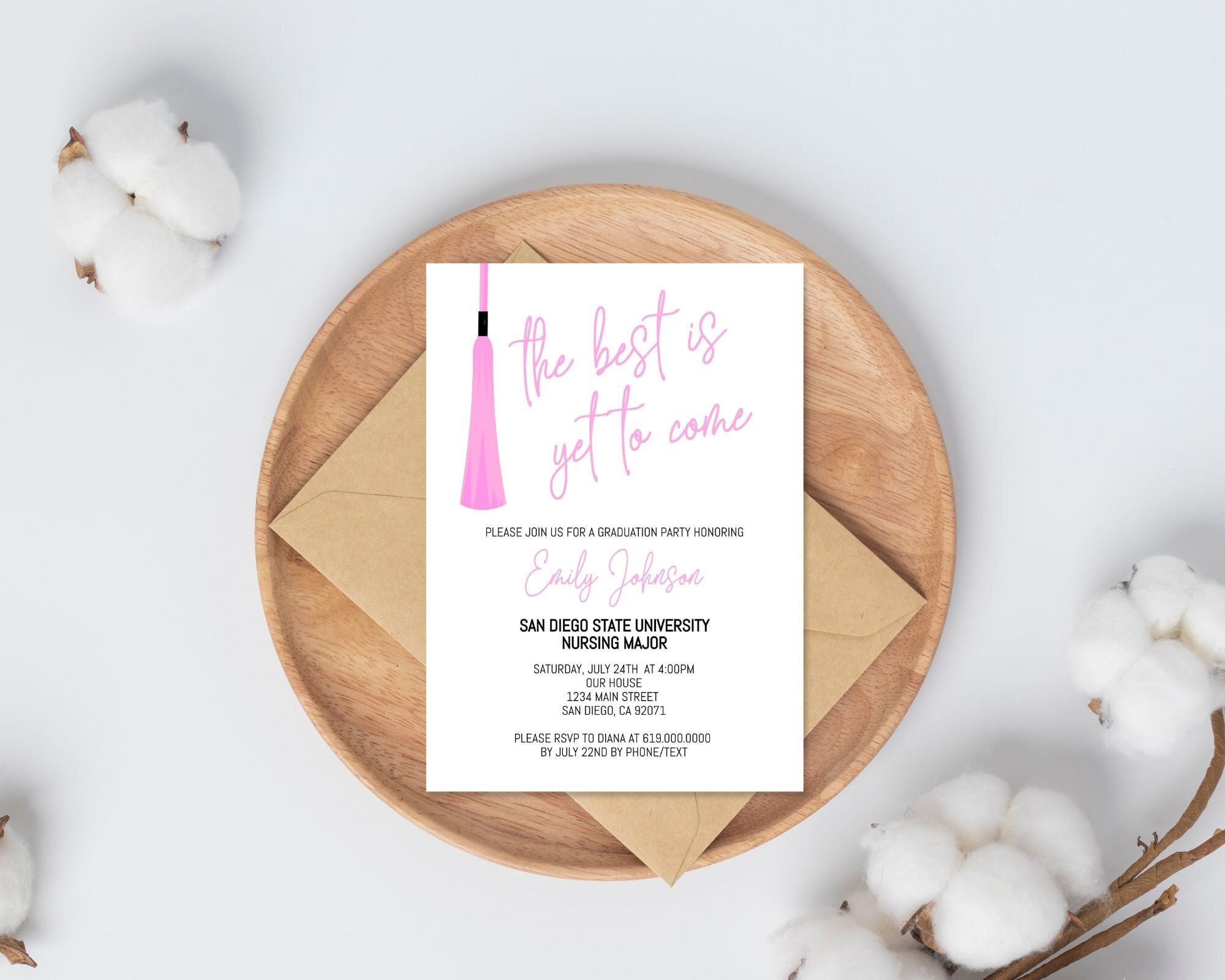 Tassel Graduation Invitation Template, Minimalist Pink Tassel ...