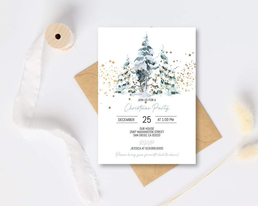 Christmas Party Invitation, Watercolor Christmas Trees Invitation ...