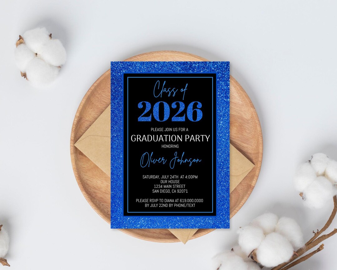 Blue Glitter Graduation Invitation Template, Grad Party Invite, College ...