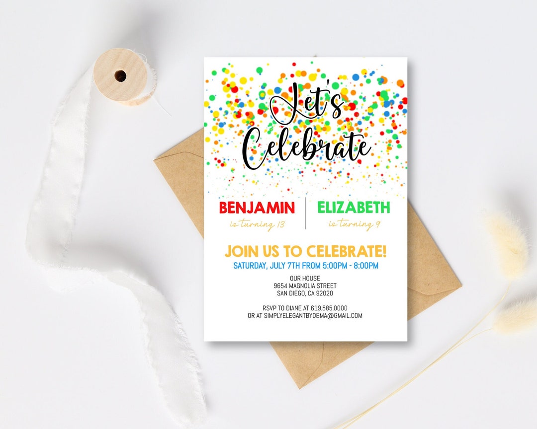Colorful Joint Birthday Party Invitation Template, Confetti Minimalist ...