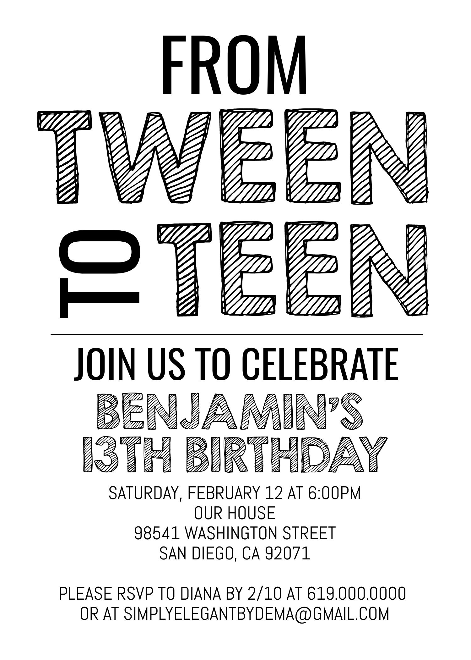 13th Birthday Invitation Template, Black & White Tween to Teen Birthday ...