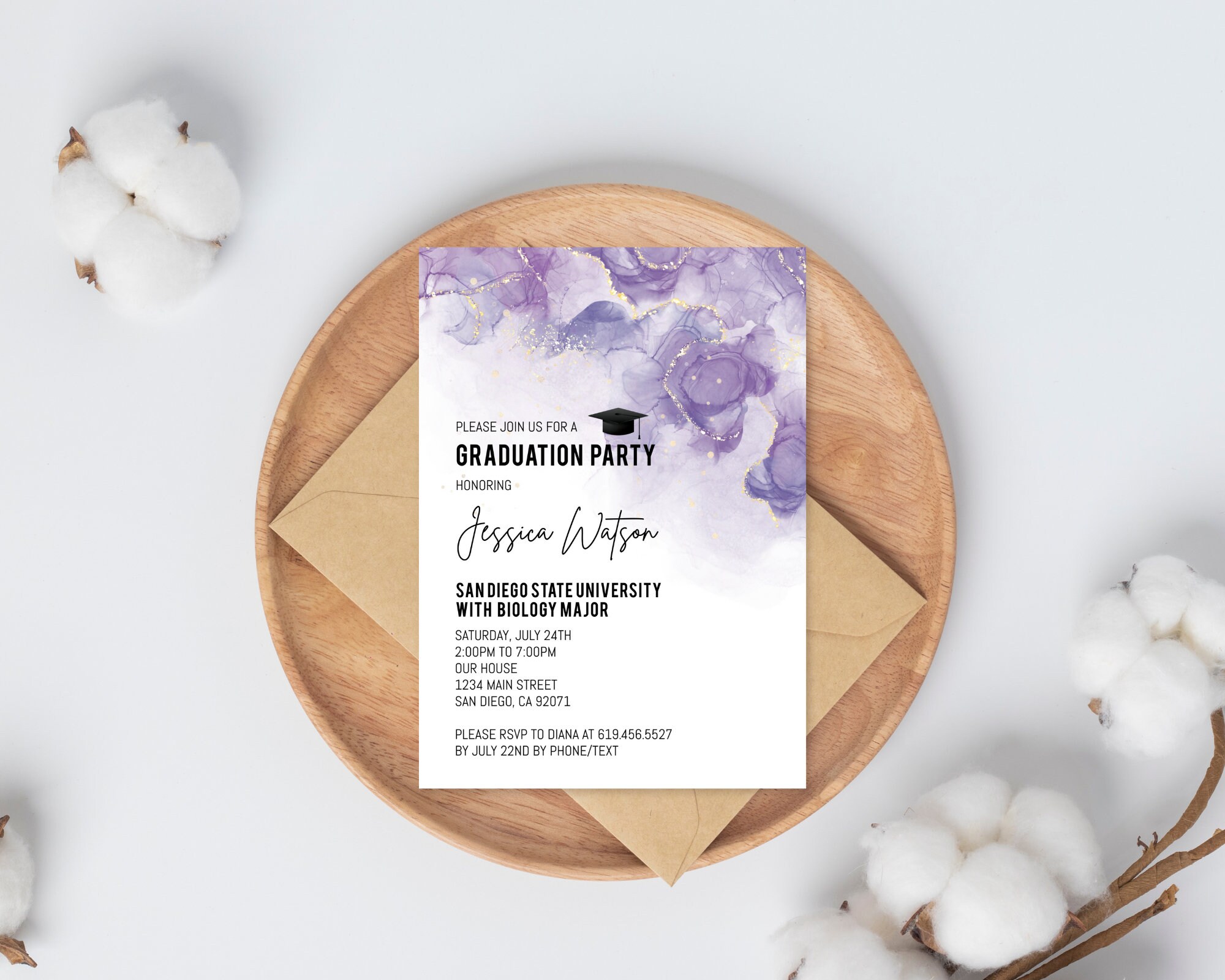 Purple Graduation Party Invitation Template, Luxury Purple and Gold ...