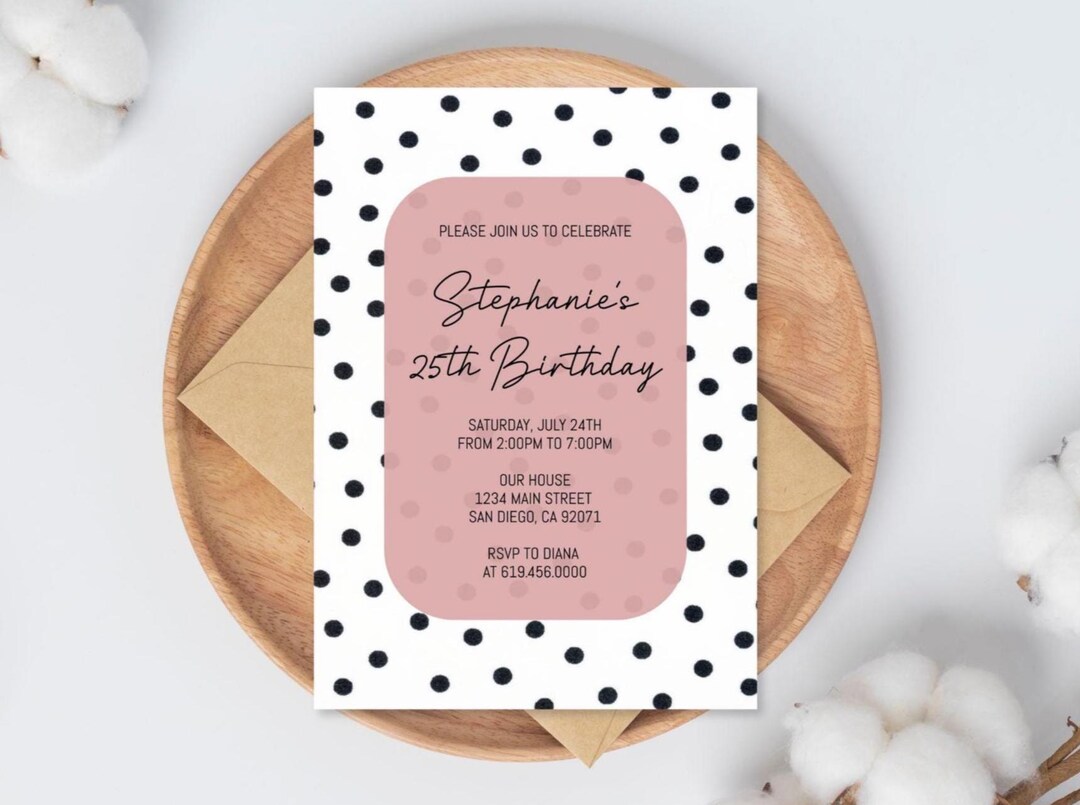 Black Polka Dot Birthday Party Invitation Template, Chic Black and ...