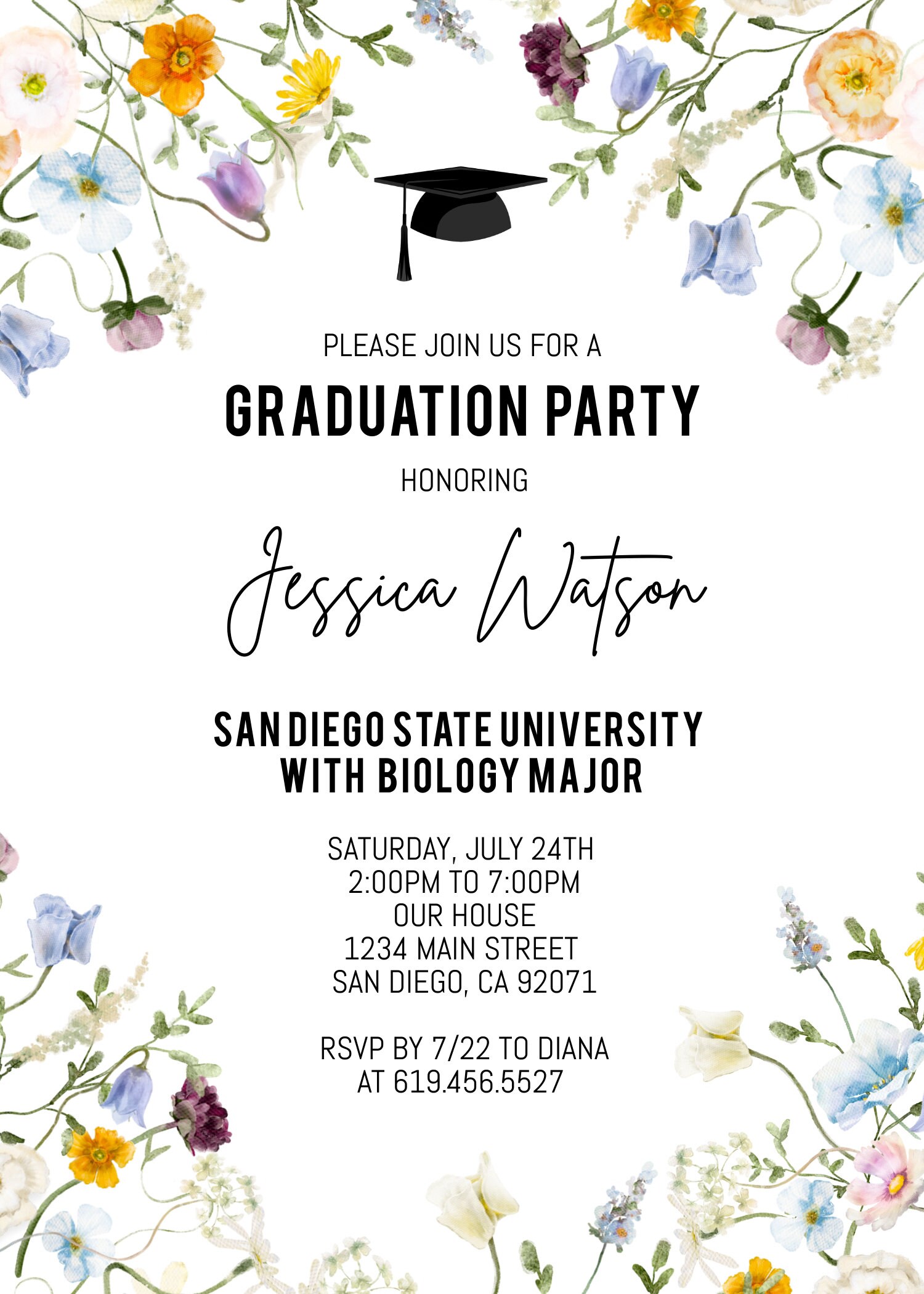 Floral Graduation Party Invitation, Wildflower Graduation Invitation ...