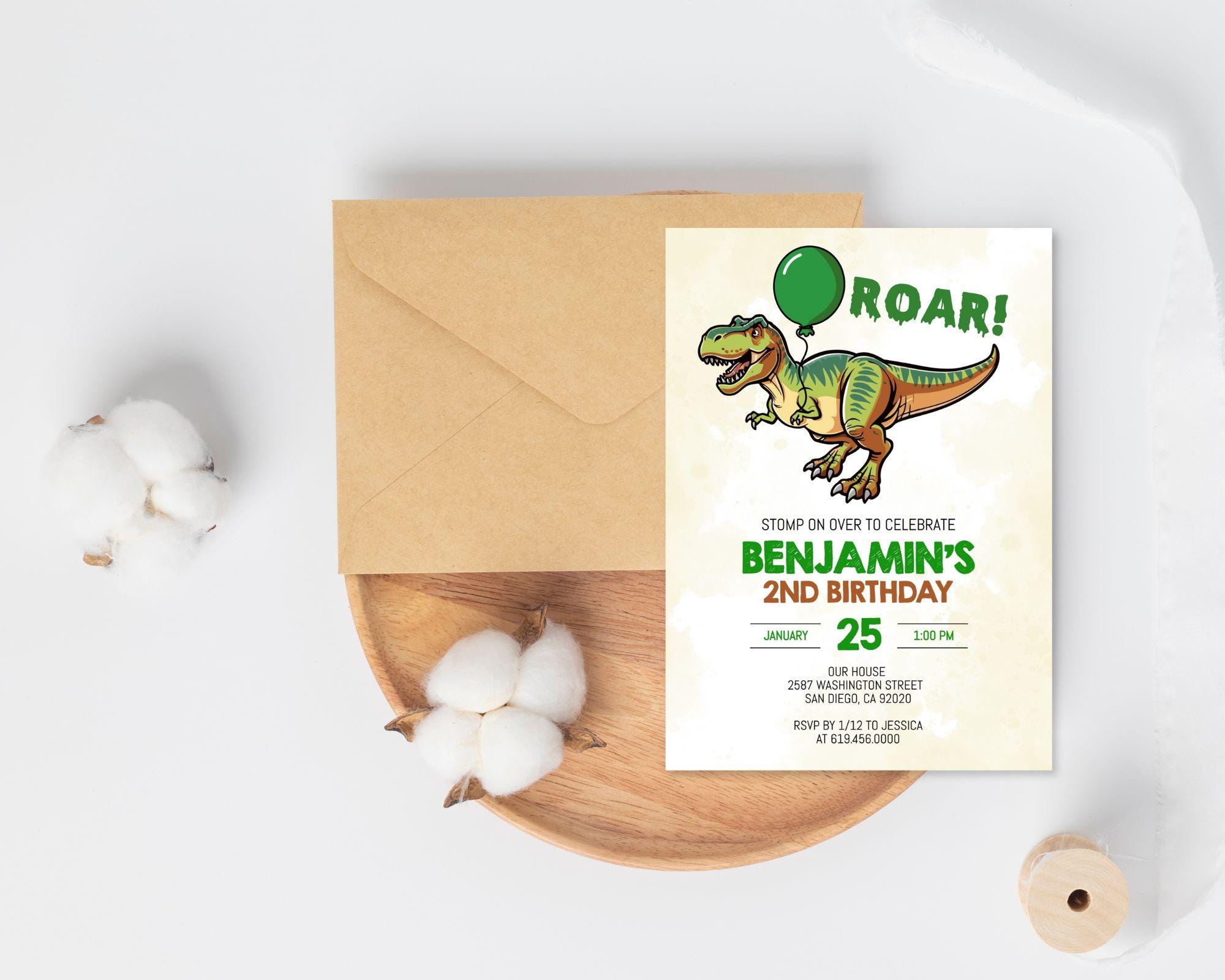 Dinosaur T-rex Birthday Invitation Template for Kids, Minimalist Boys ...