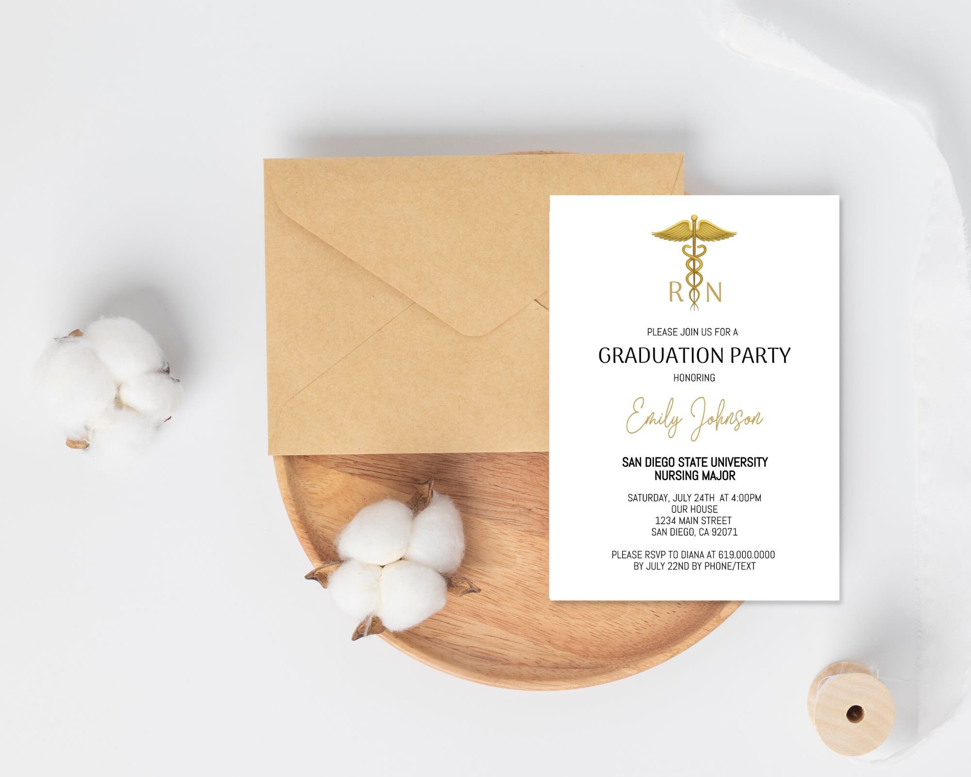 Nurse Graduation Invitation Template, Minimalist Gold Nurse RN ...