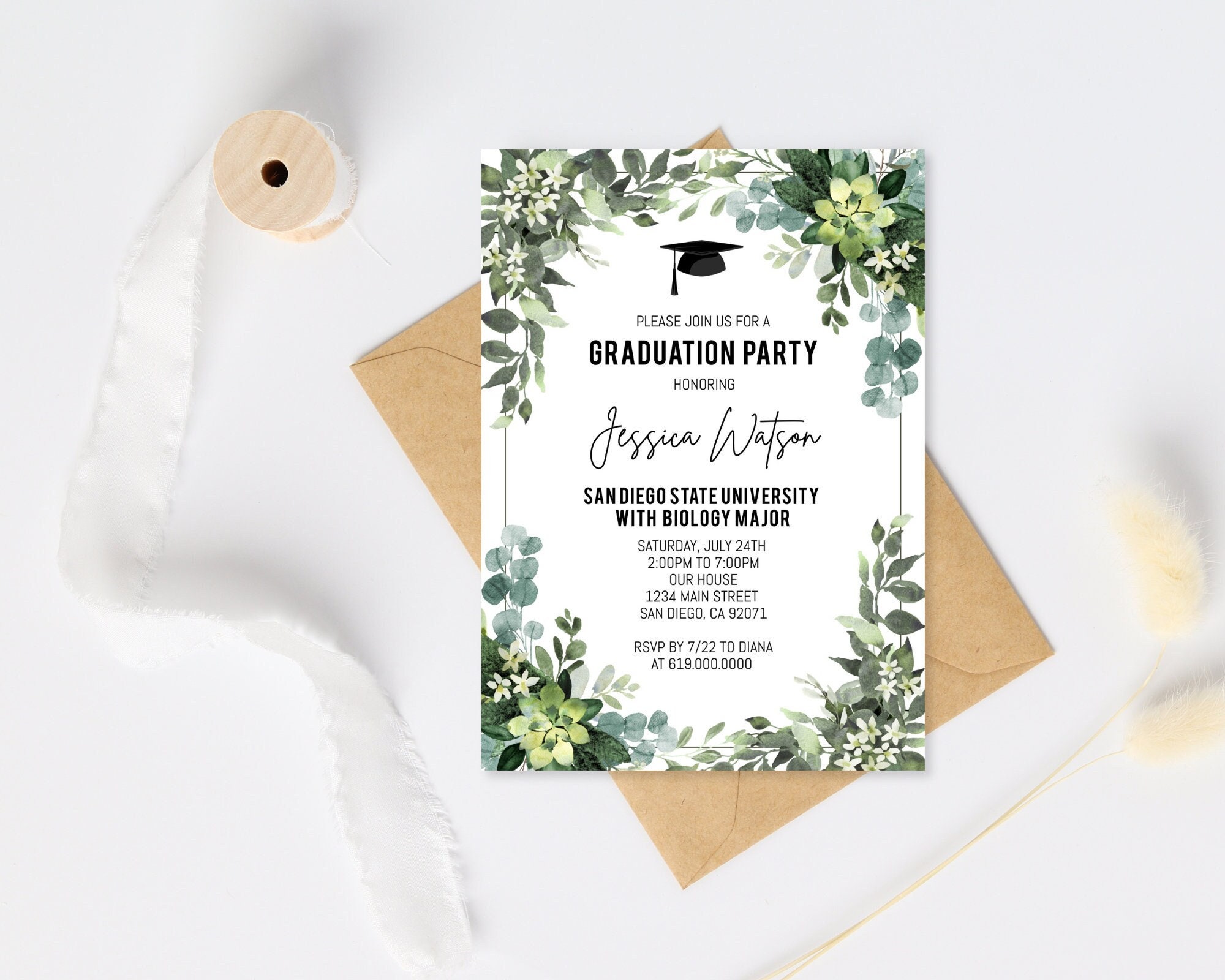 Greenery Graduation Party Invitation, Foliage Editable Graduation ...