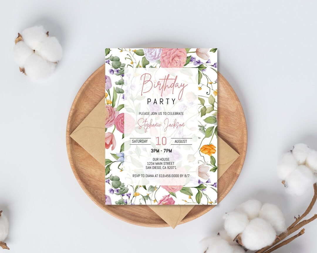 Pink Wildflower Birthday Party Invitation Template, Meadow Floral ...