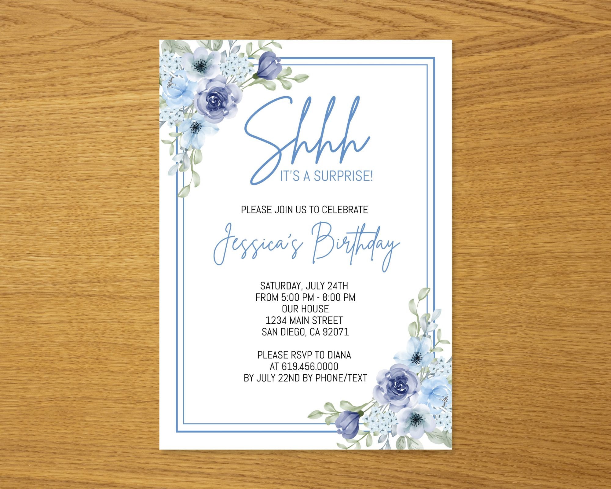 Editable Baby Blue Floral Birthday Invitation Template, Blue Flowers ...
