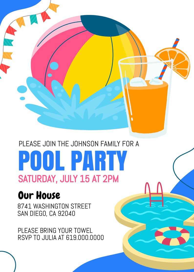Pool Party Invitation Template, Let's Celebrate Beach Invite, Summer ...