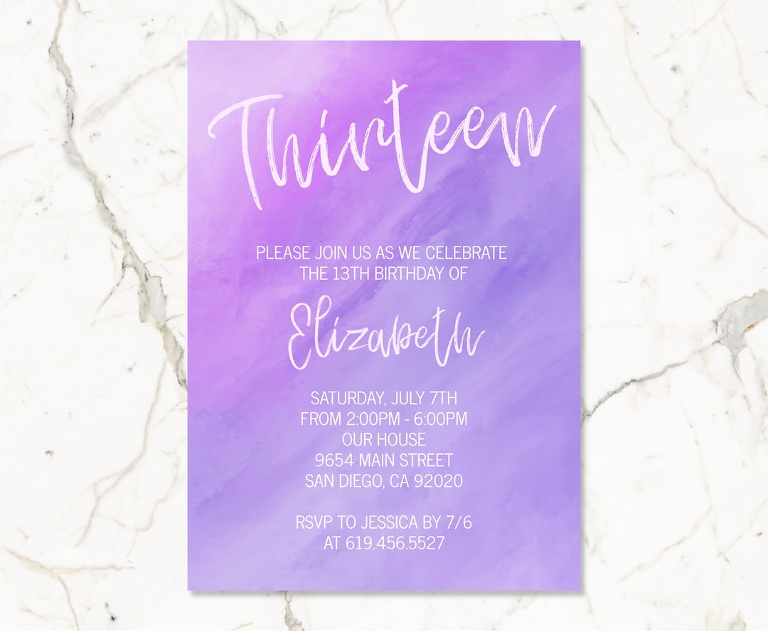 Watercolor Purple Birthday Invitations Template/girls Women Kids Teens ...
