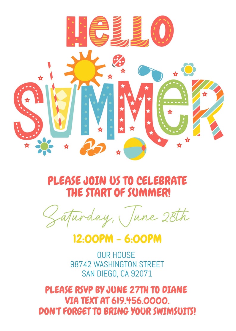 Hello Summer Party Invitation Template, Sun Invitation, Summer Party ...