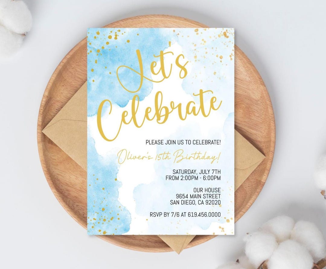Blue Let's Celebrate Birthday Invitation Template, Editable Blue Gold ...
