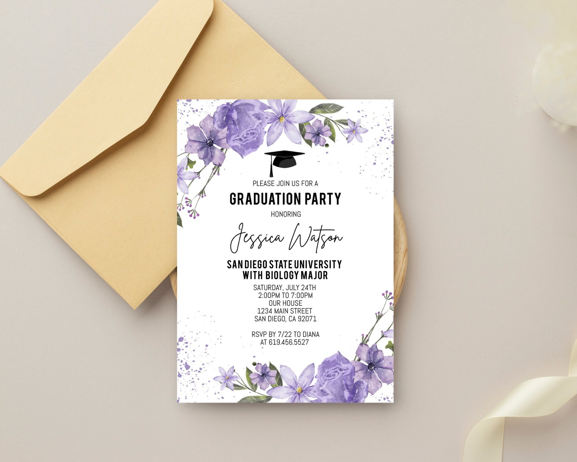 Purple Graduation Party Invitation Template, Floral Graduation ...