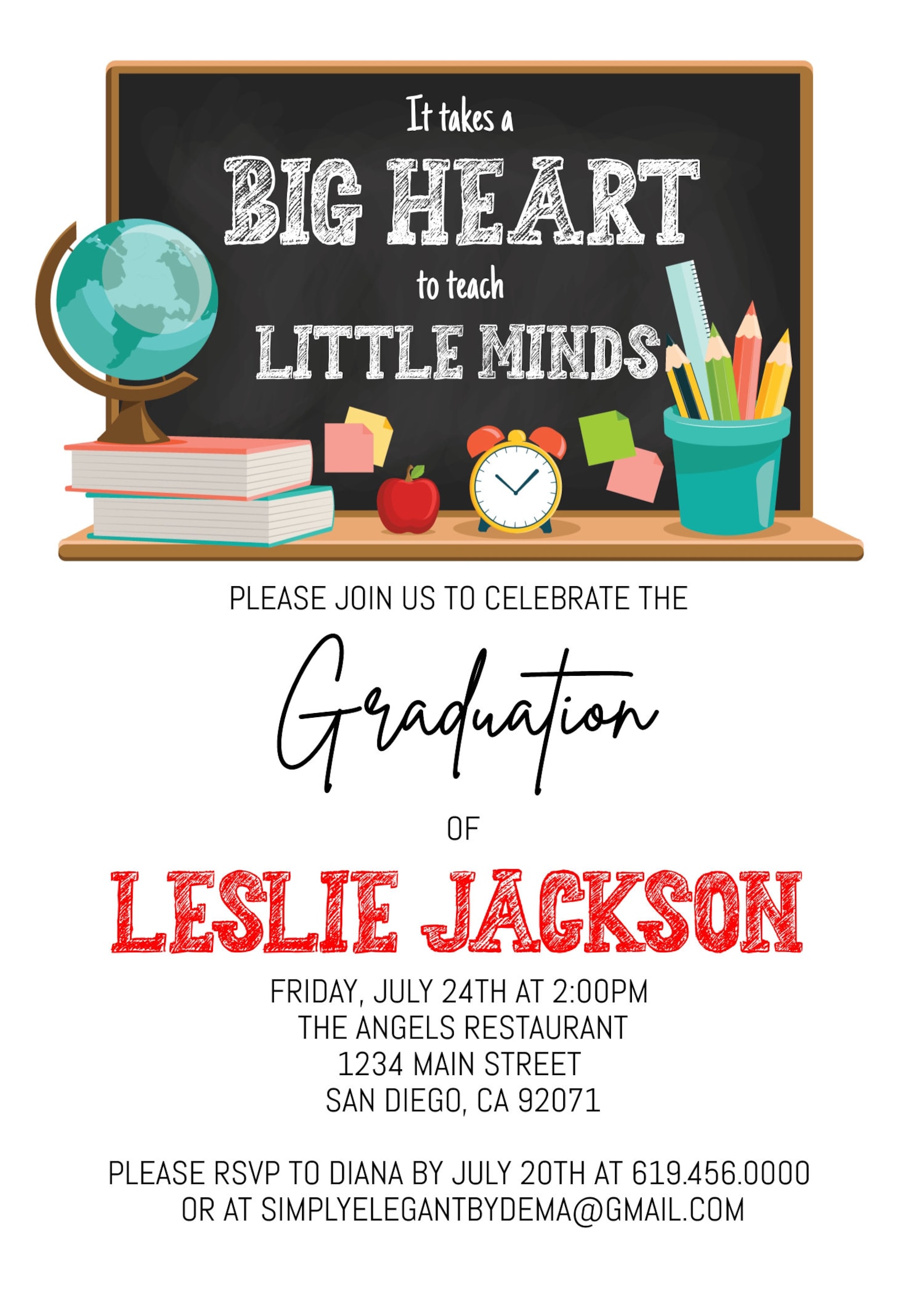 Teacher Graduation Invitation, Editable Big Heart Teach Little Minds ...