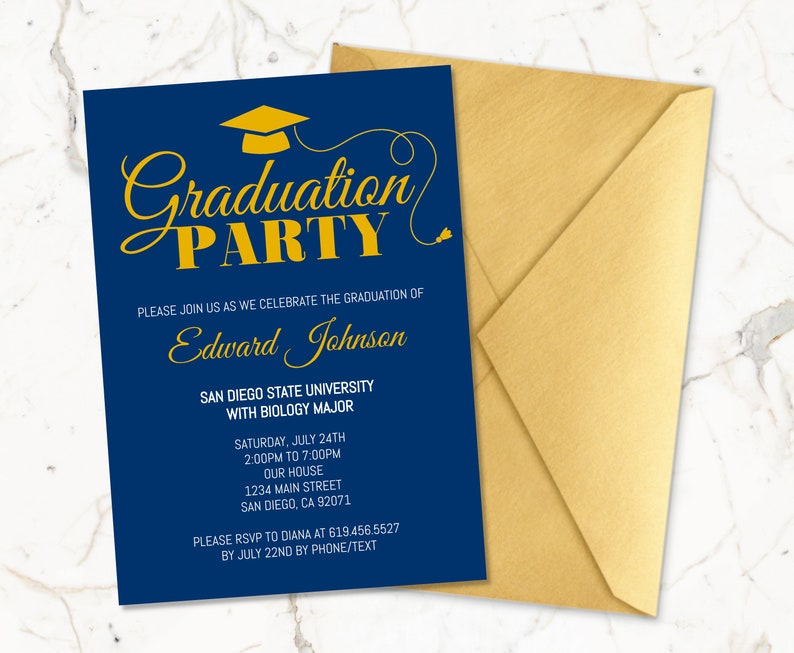 Minimalist Blue Graduation Party Invitation Template, Gold Graduation ...