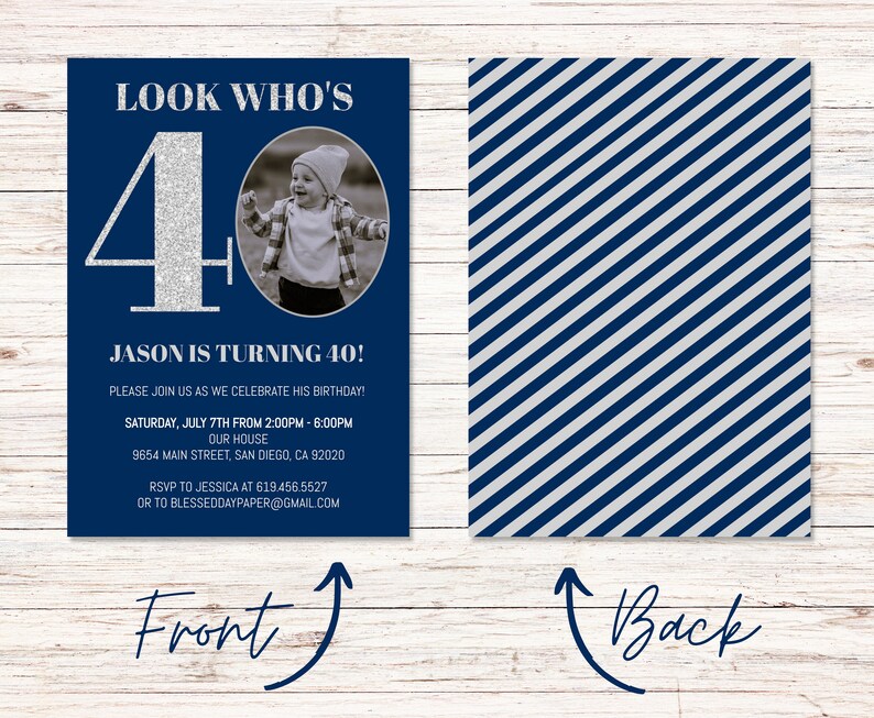 Silver & Blue Birthday Invitation for Men Women, Navy Blue Birthday ...