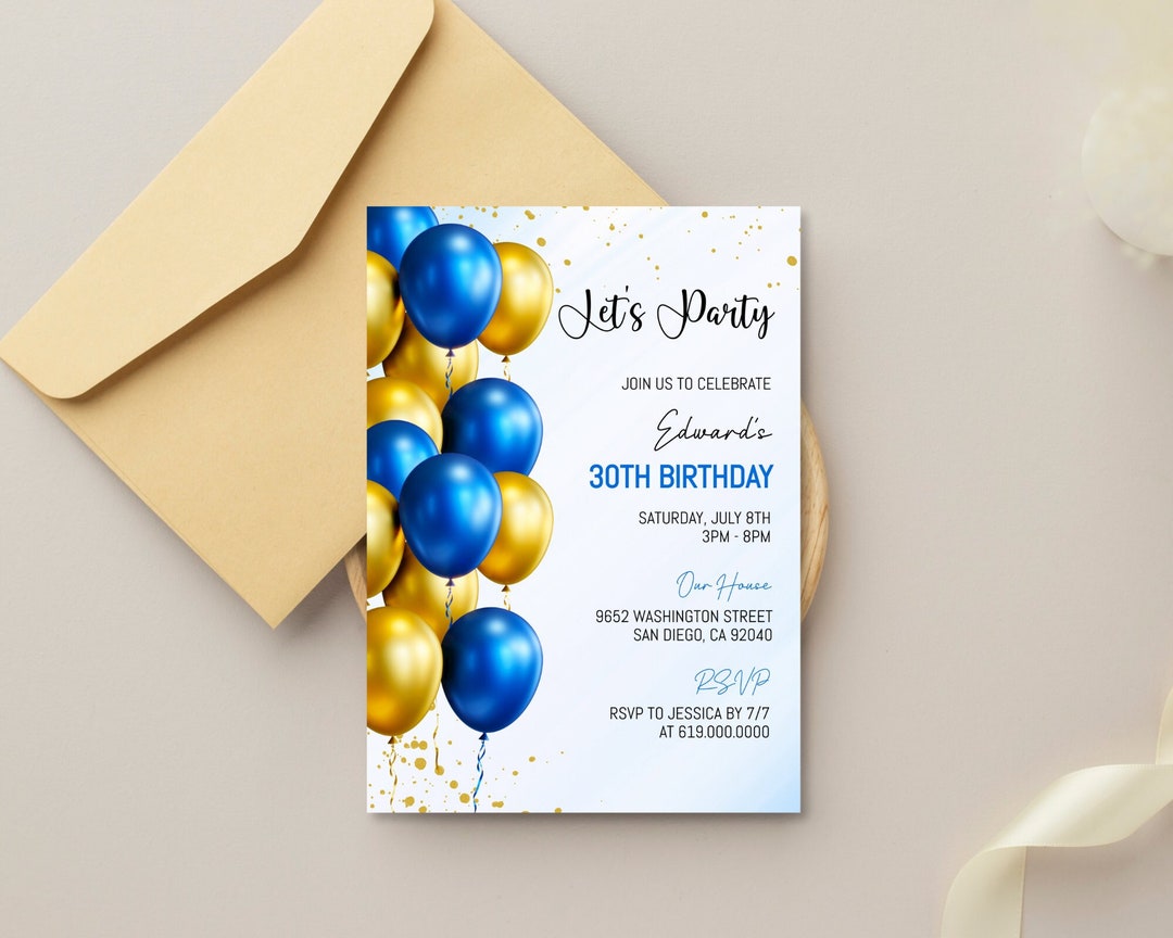 Blue & Gold Balloons Birthday Invitation Template, Editable Blue ...