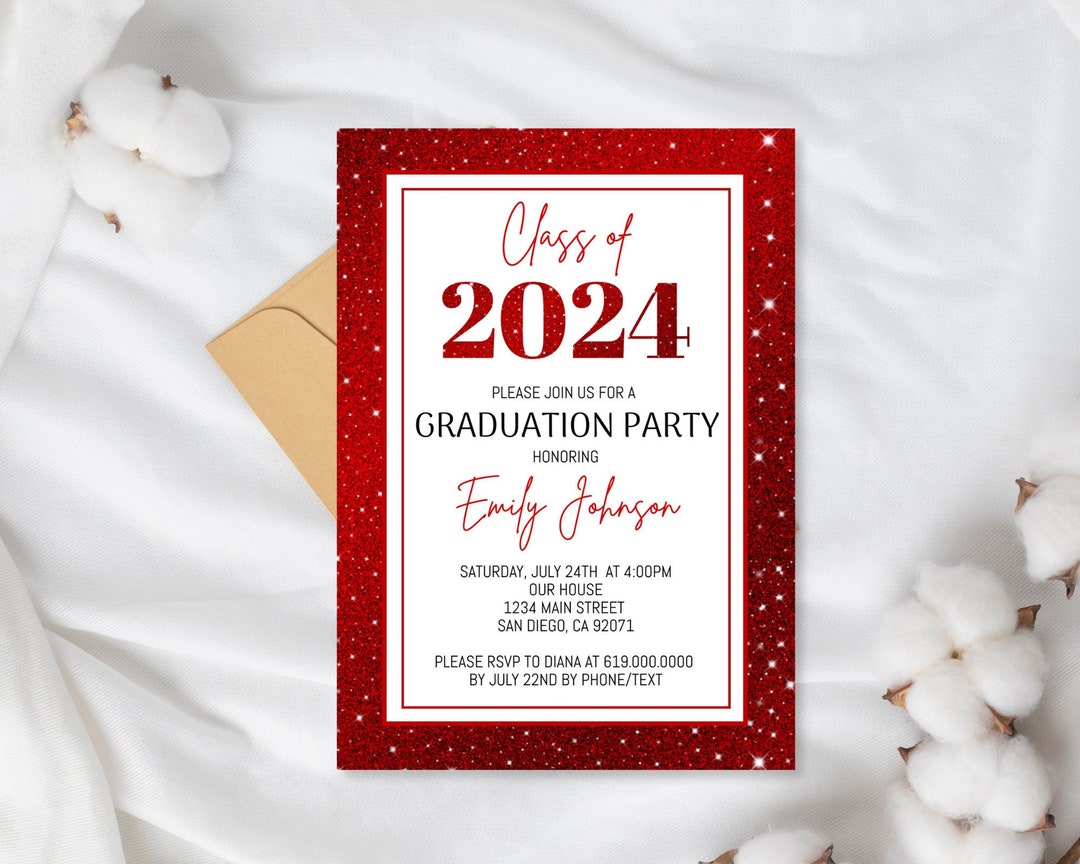 Red Glitter Graduation Invitation Template, Minimalist Red Graduation ...