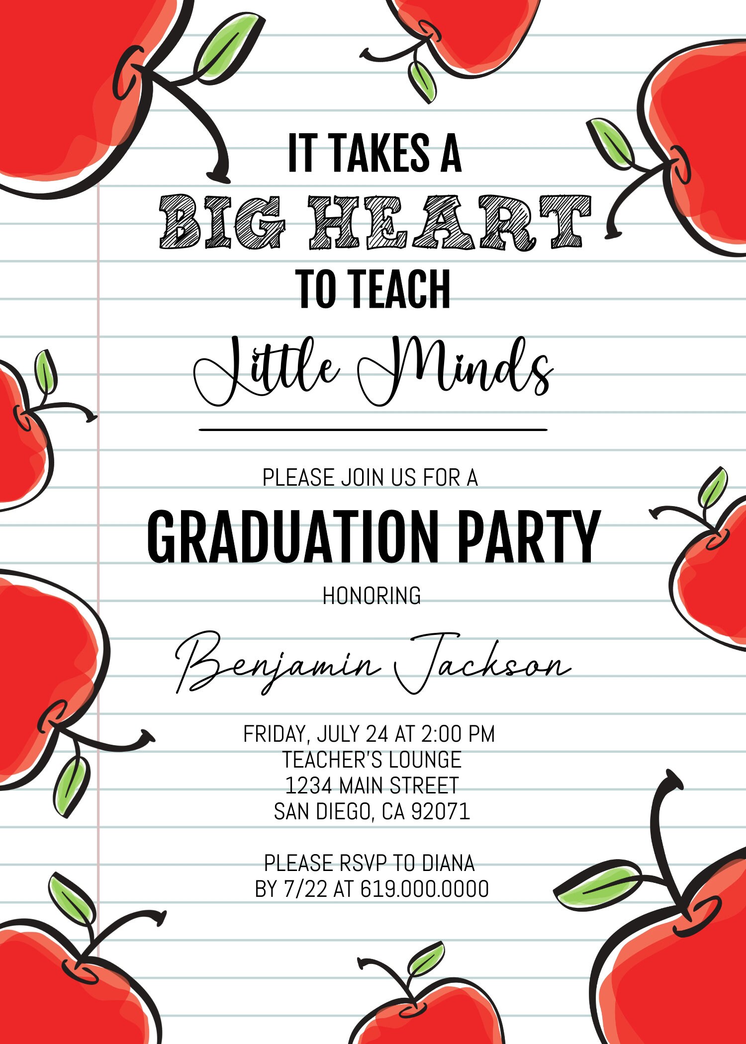 Teacher Graduation Invitation, Editable Big Heart Teach Little Minds ...