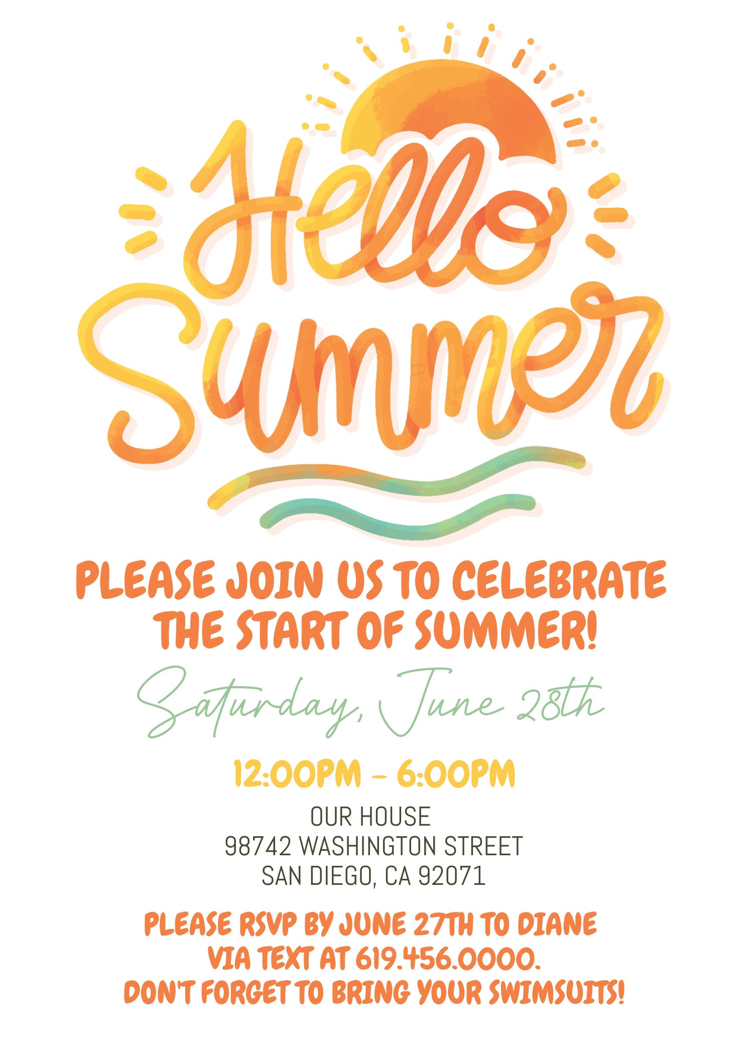 Hello Summer Party Invitation Template, Sun Invitation, Summer Party ...