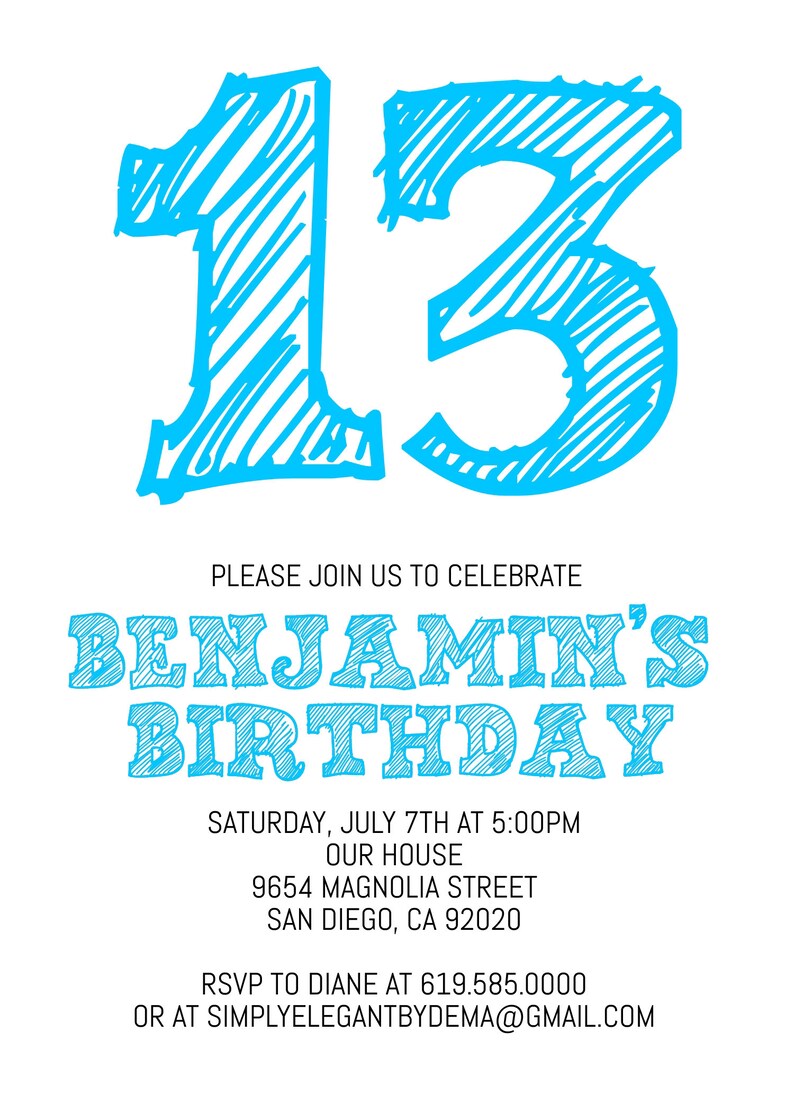 Simple Blue Birthday Party Invitation Template, ANY AGE, Instant ...
