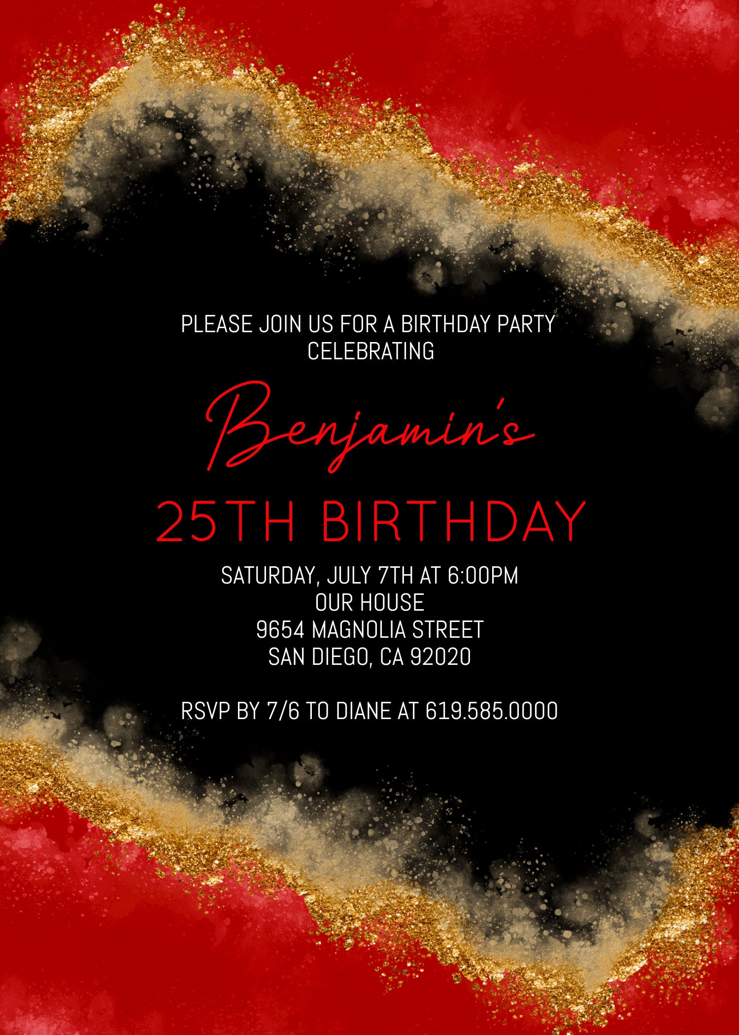 Editable Red, Gold, & Black Birthday Invitations/any Age/luxury Red ...
