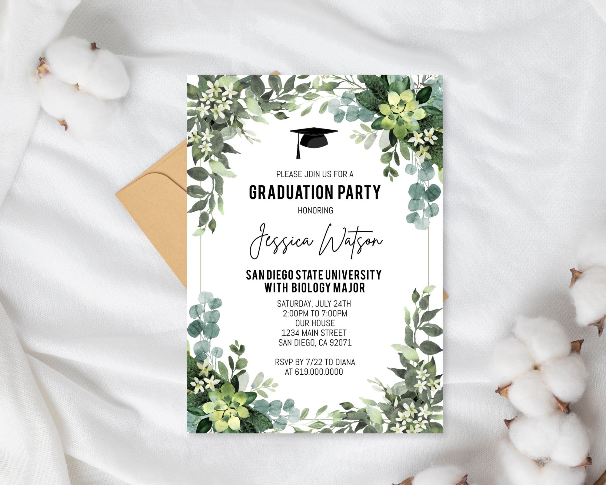 Greenery Graduation Party Invitation, Foliage Editable Graduation ...