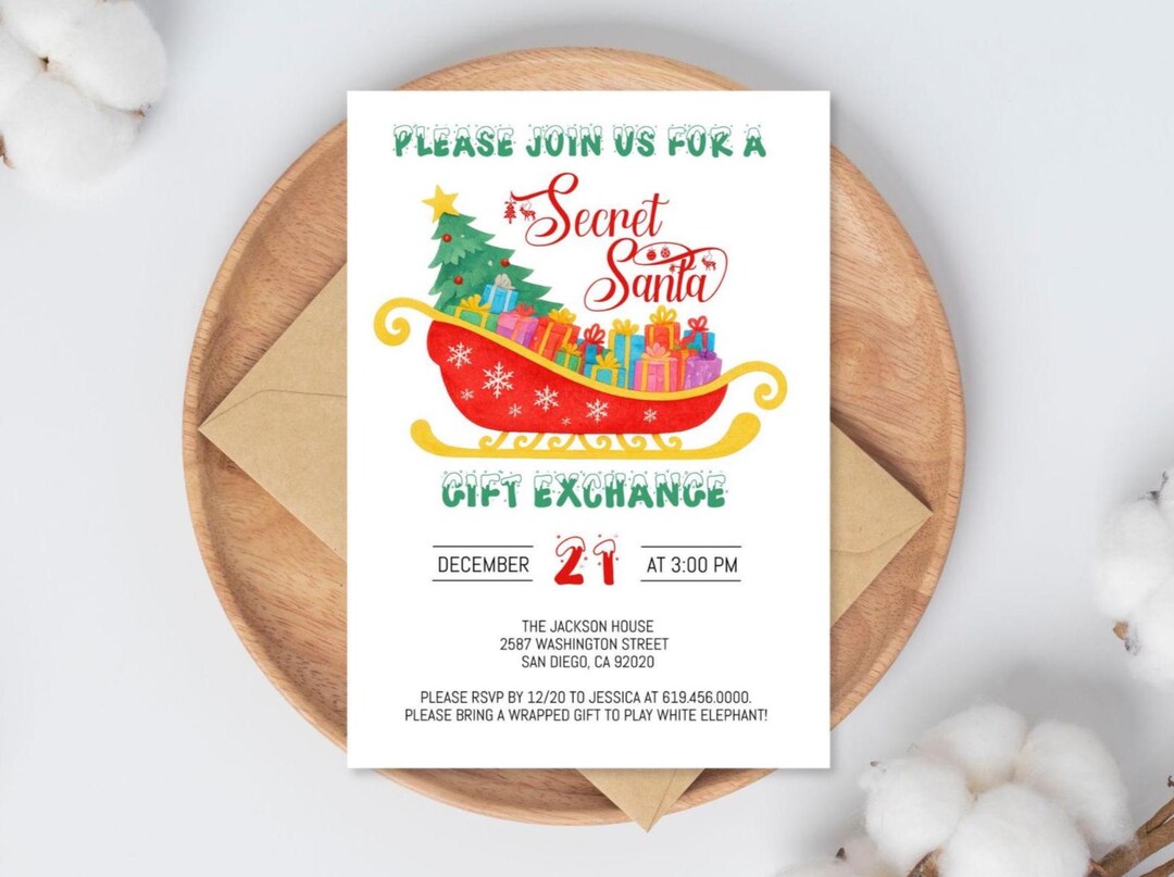 Secret Santa Invite Template, Christmas Party Invitation, Holiday Party ...