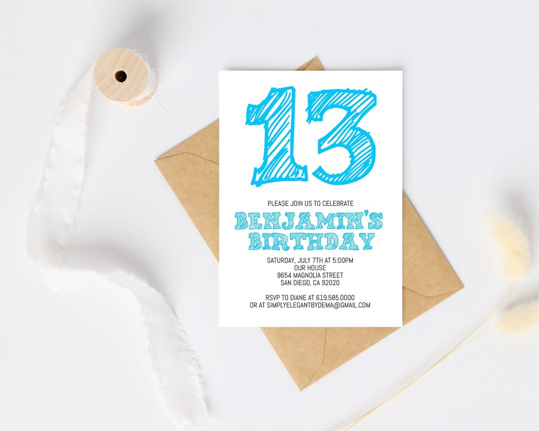 Simple Blue Birthday Party Invitation Template, ANY AGE, Instant ...
