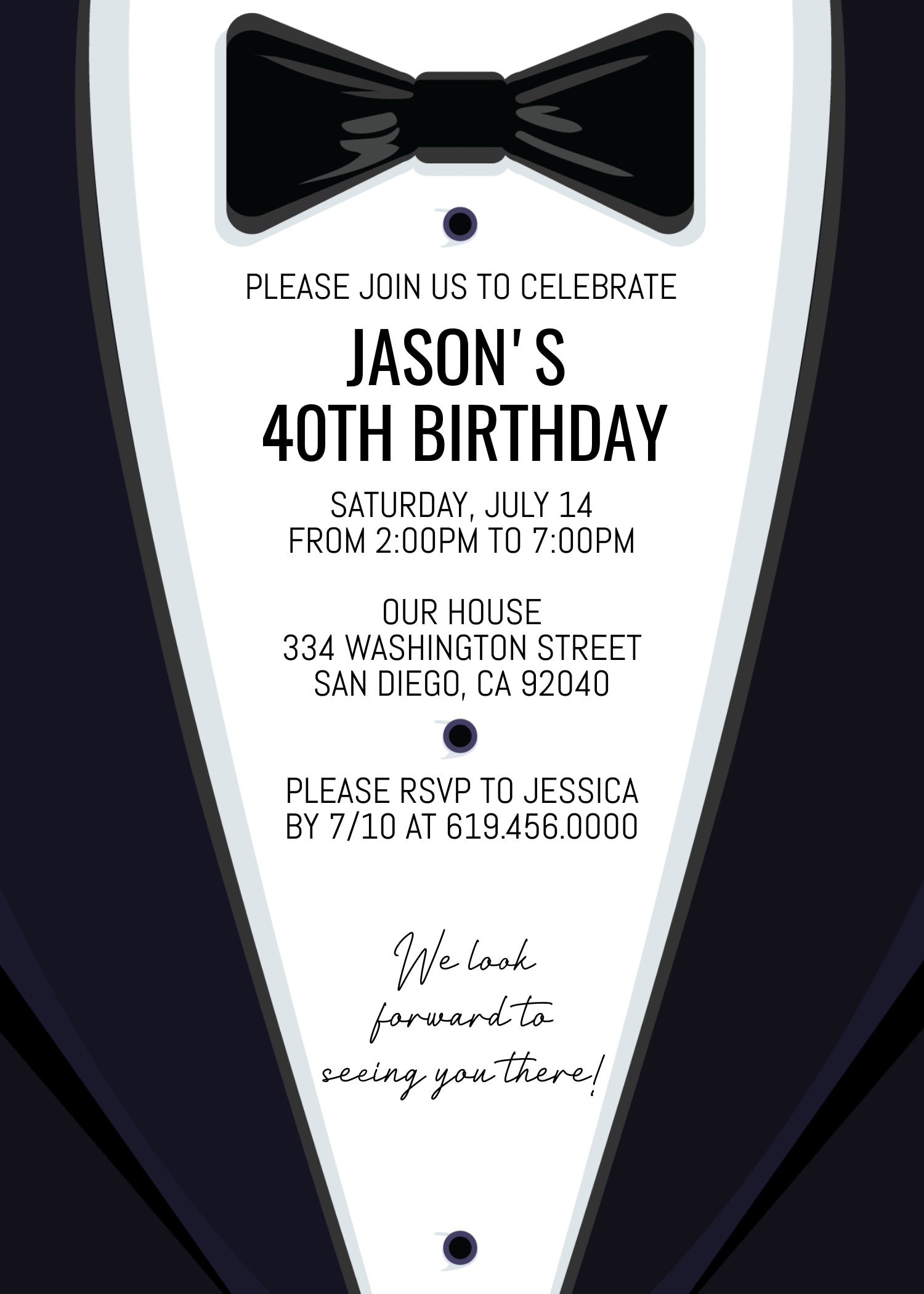 Stylish Black & White Birthday Party Invitations, Tuxedo Classic Man ...