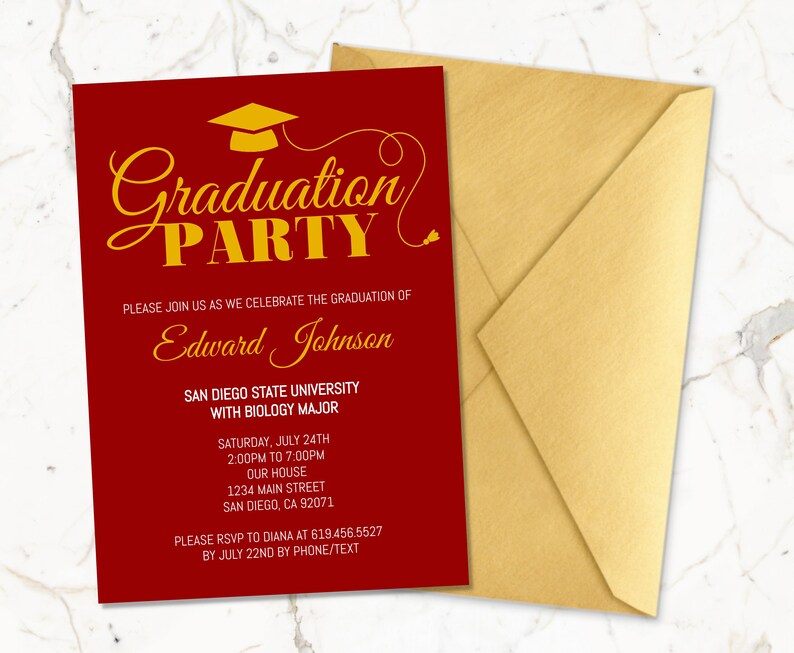 Gold & Red Graduation Party Invitation Template, Graduation ...