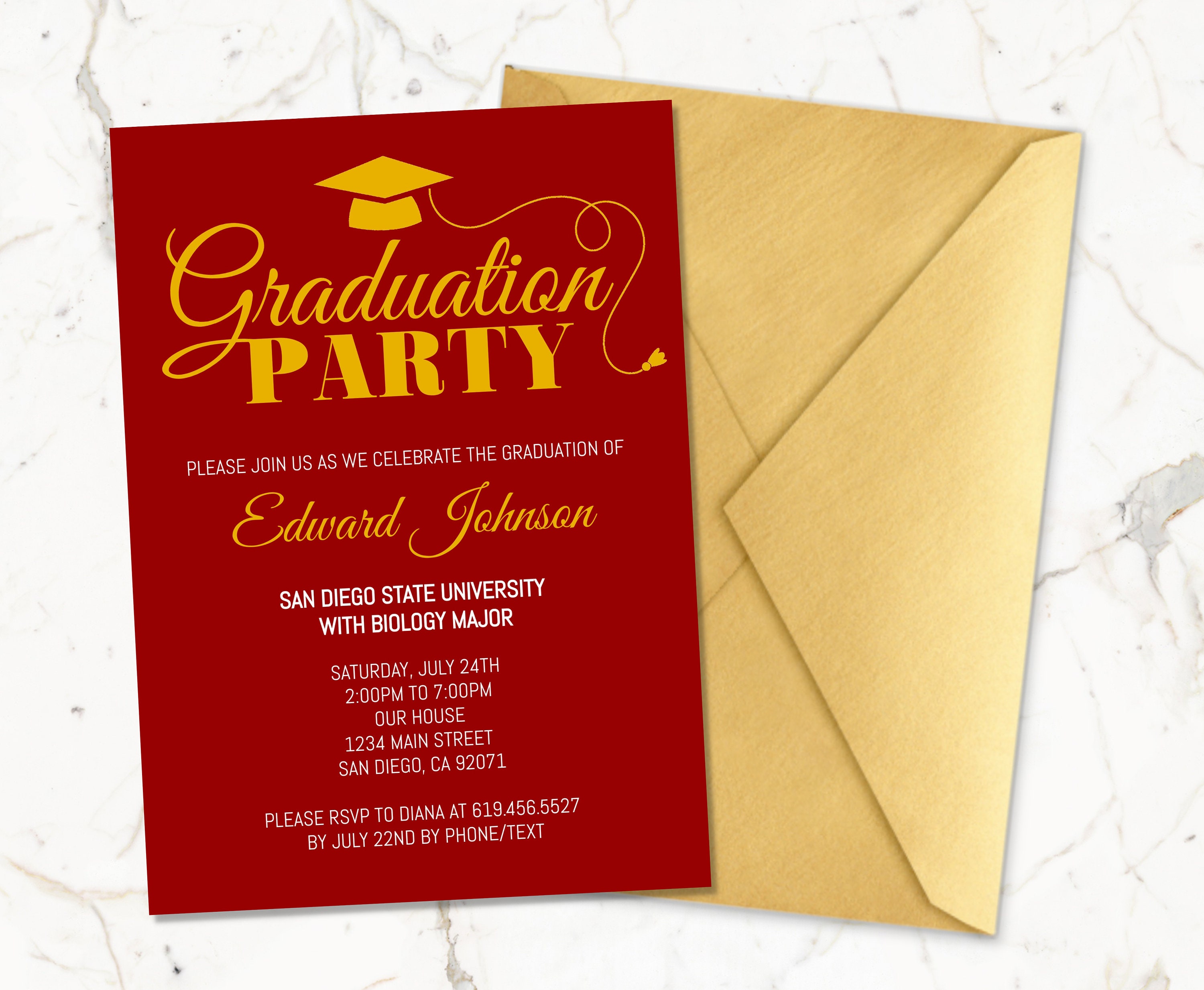Gold & Red Graduation Party Invitation Template, Graduation ...