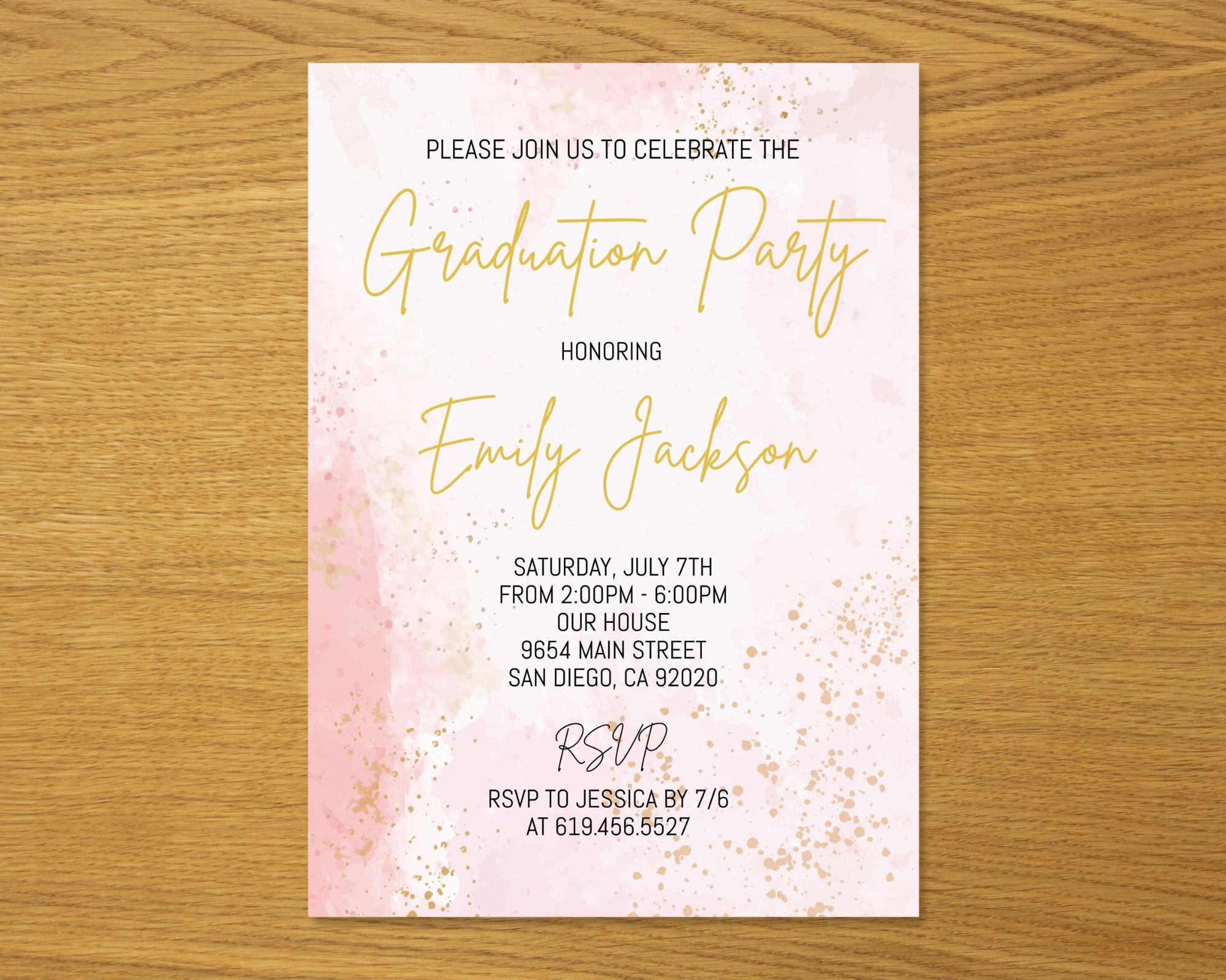 Pink Watercolor Graduation Announcement, Pink & Gold Graduation Party ...