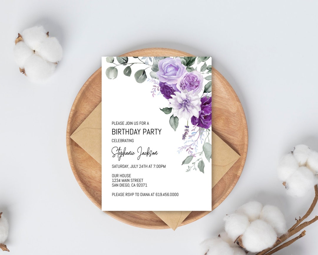 Purple Floral Birthday Invitation Template, Purple Flowers Birthday ...