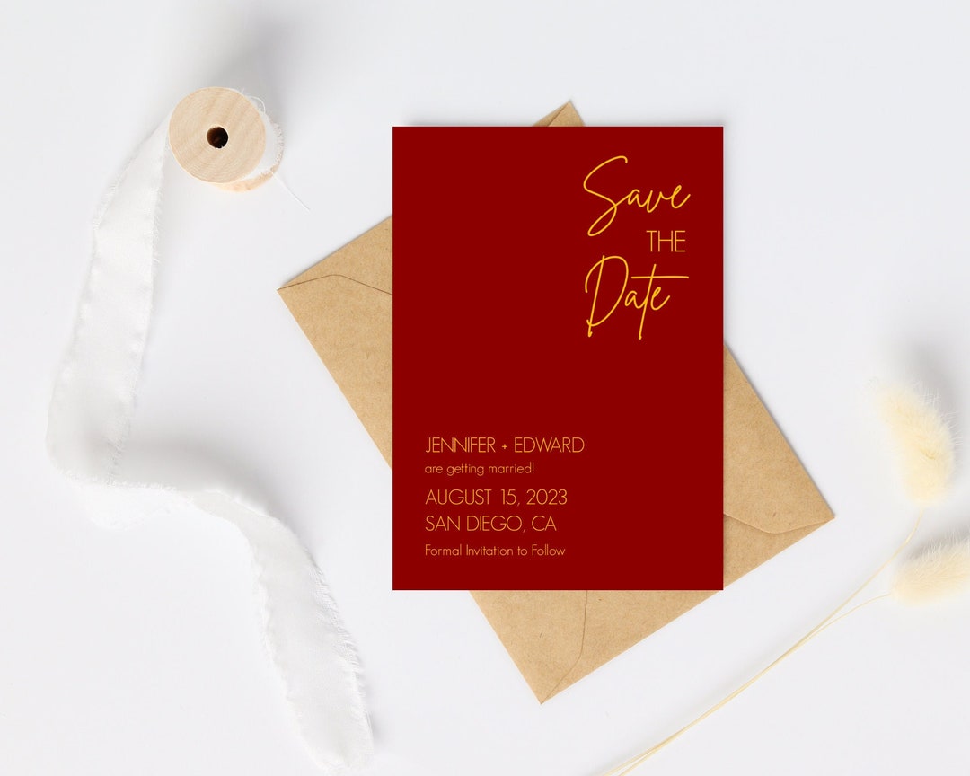 Red & Yellow Save the Date Cards Template/burgundy and Gold Save the ...