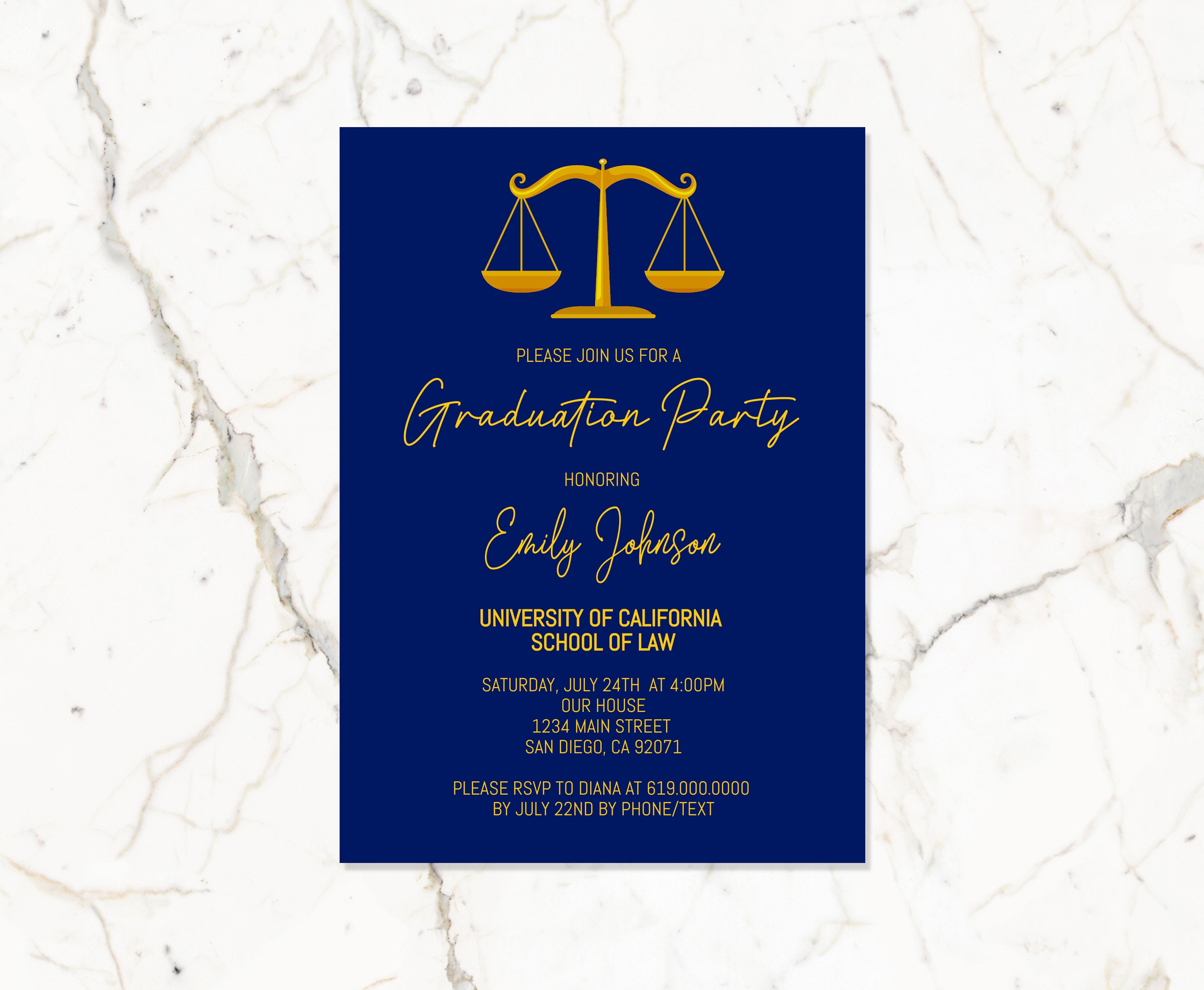 Law School Graduation Invitation Template, Minimalist Blue & Gold Scale ...