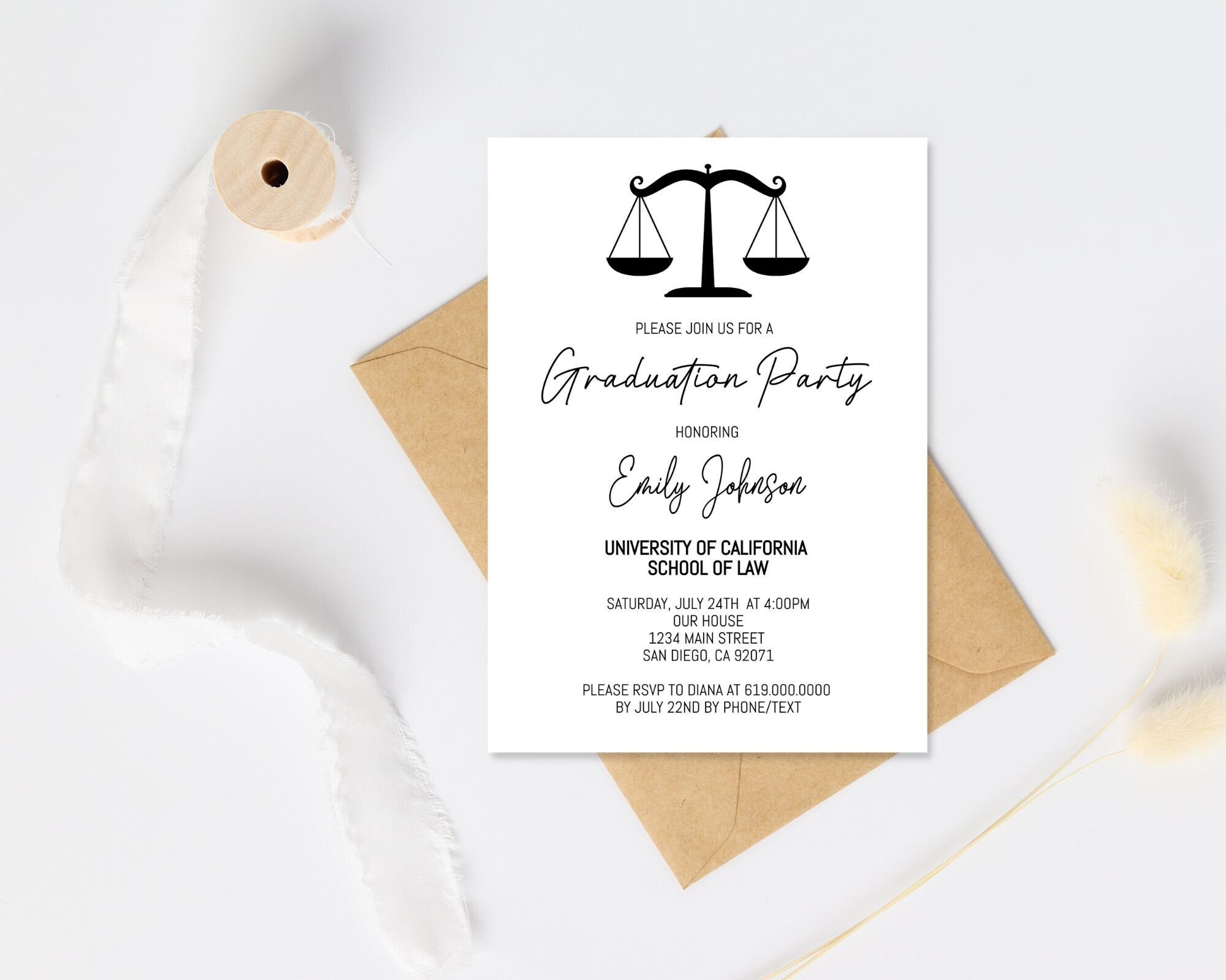 Law School Graduation Invitation Editable Template, Minimalist Scale of ...