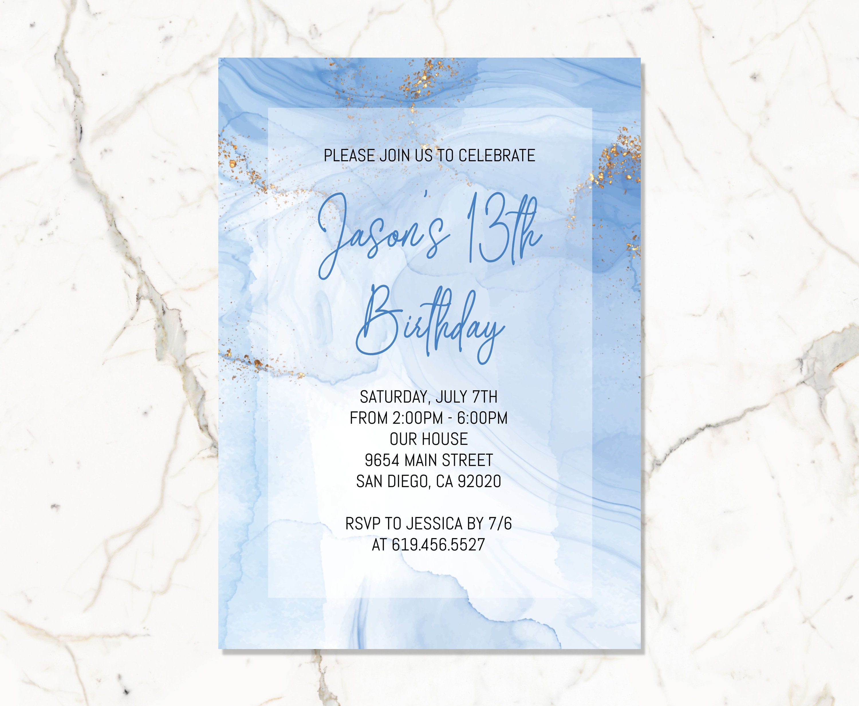Blue Watercolor Birthday Invitation Template for Boys, Teens, Kids ...