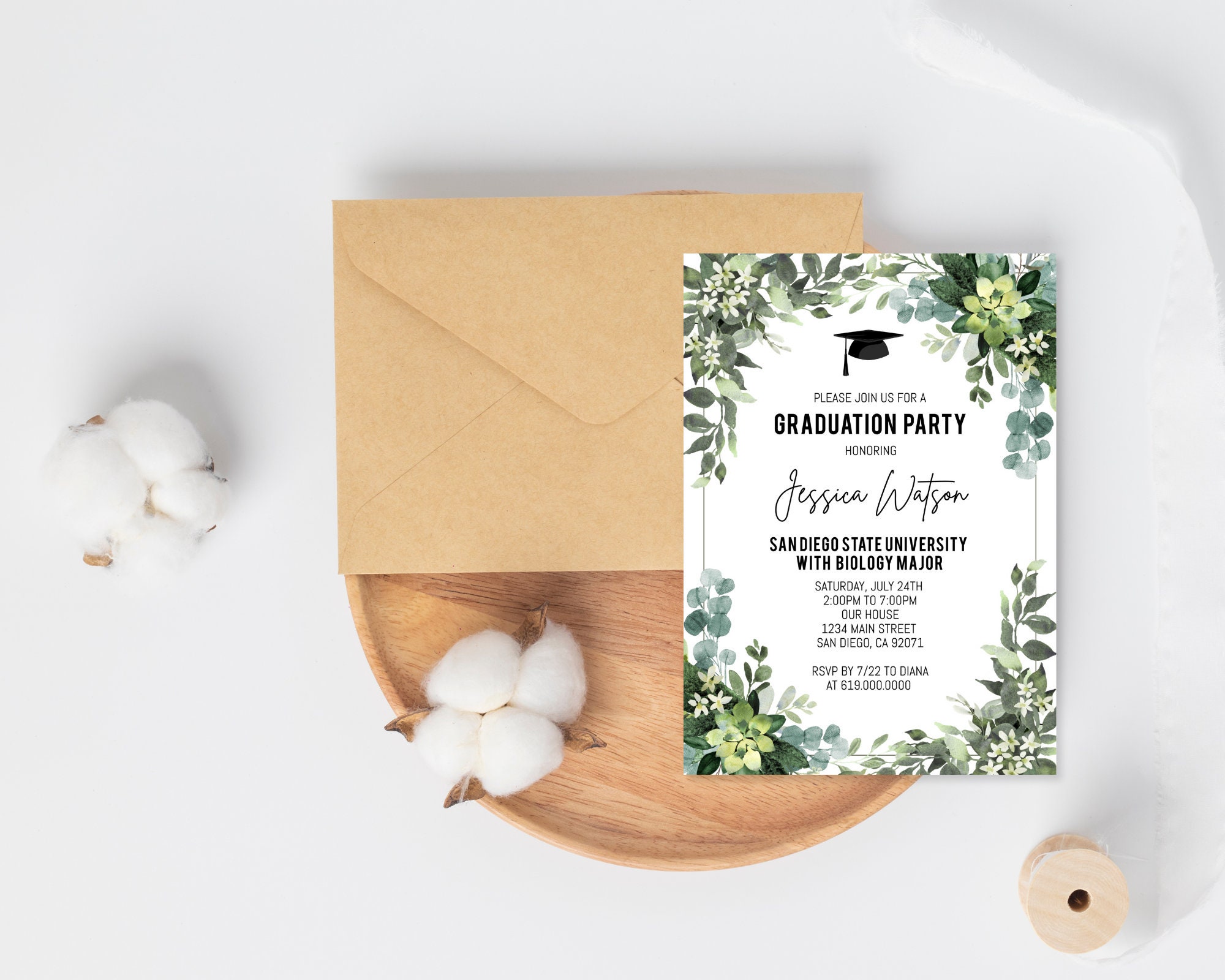 Greenery Graduation Party Invitation, Foliage Editable Graduation ...