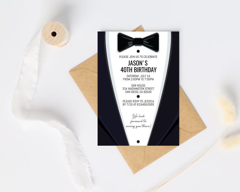 Stylish Black & White Birthday Party Invitations, Tuxedo Classic Man ...