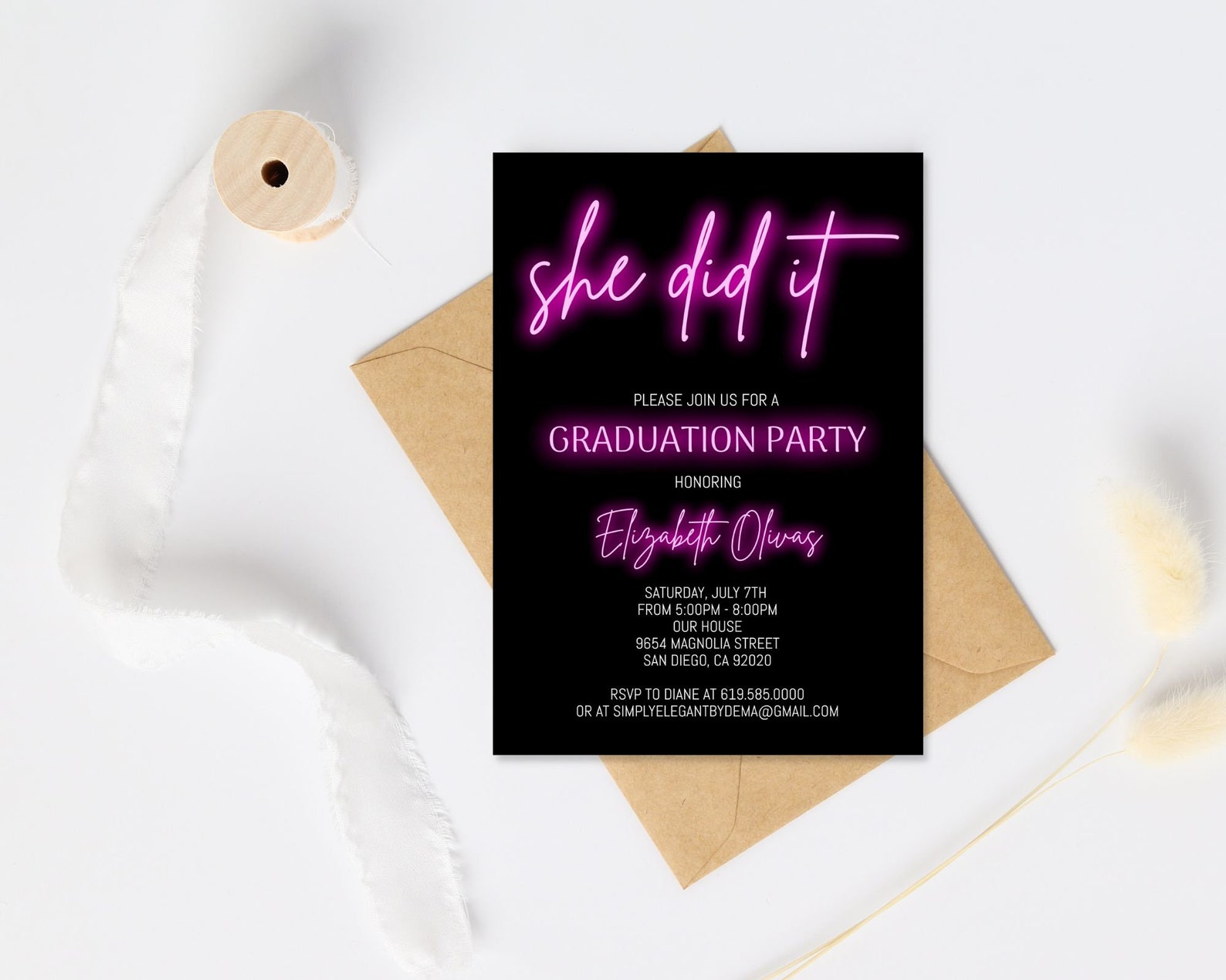 She Did It Graduation Invitation Template for Women Her, Neon Pink ...