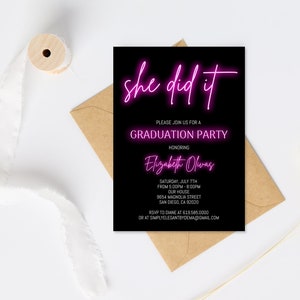 She Did It Graduation Invitation Template for Women Her, Neon Pink ...