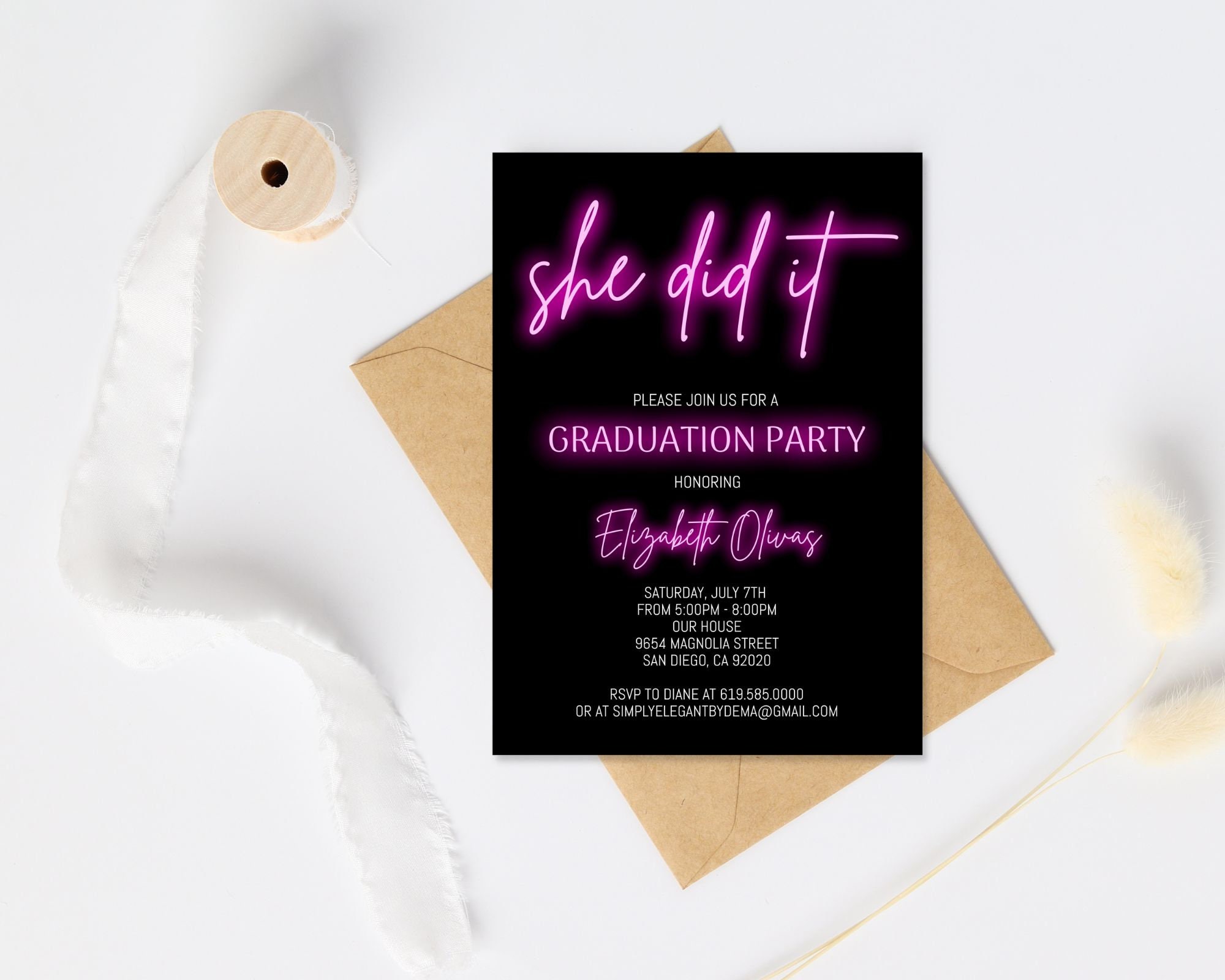 She Did It Graduation Invitation Template for Women Her, Neon Pink ...
