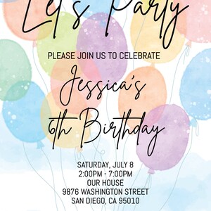 Colorful Balloons Birthday Invitation Template, Editable, Birthday ...