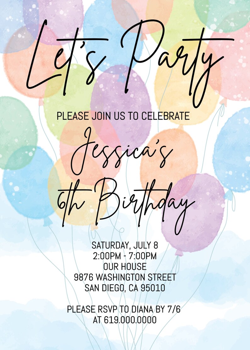 Colorful Balloons Birthday Invitation Template, Editable, Birthday ...